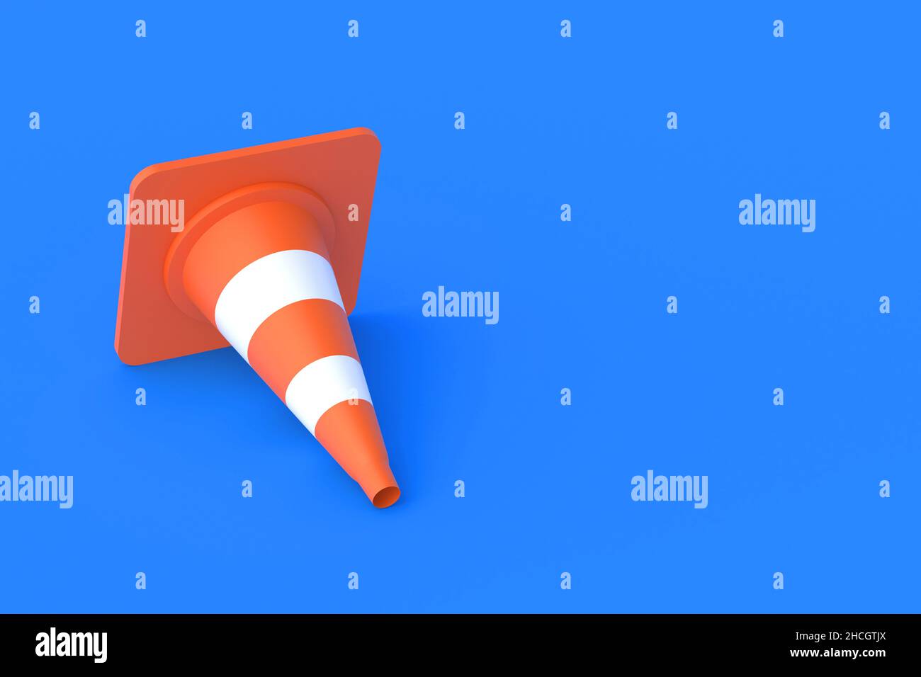 One striped traffic cone, barrier on blue background. Road safety ...