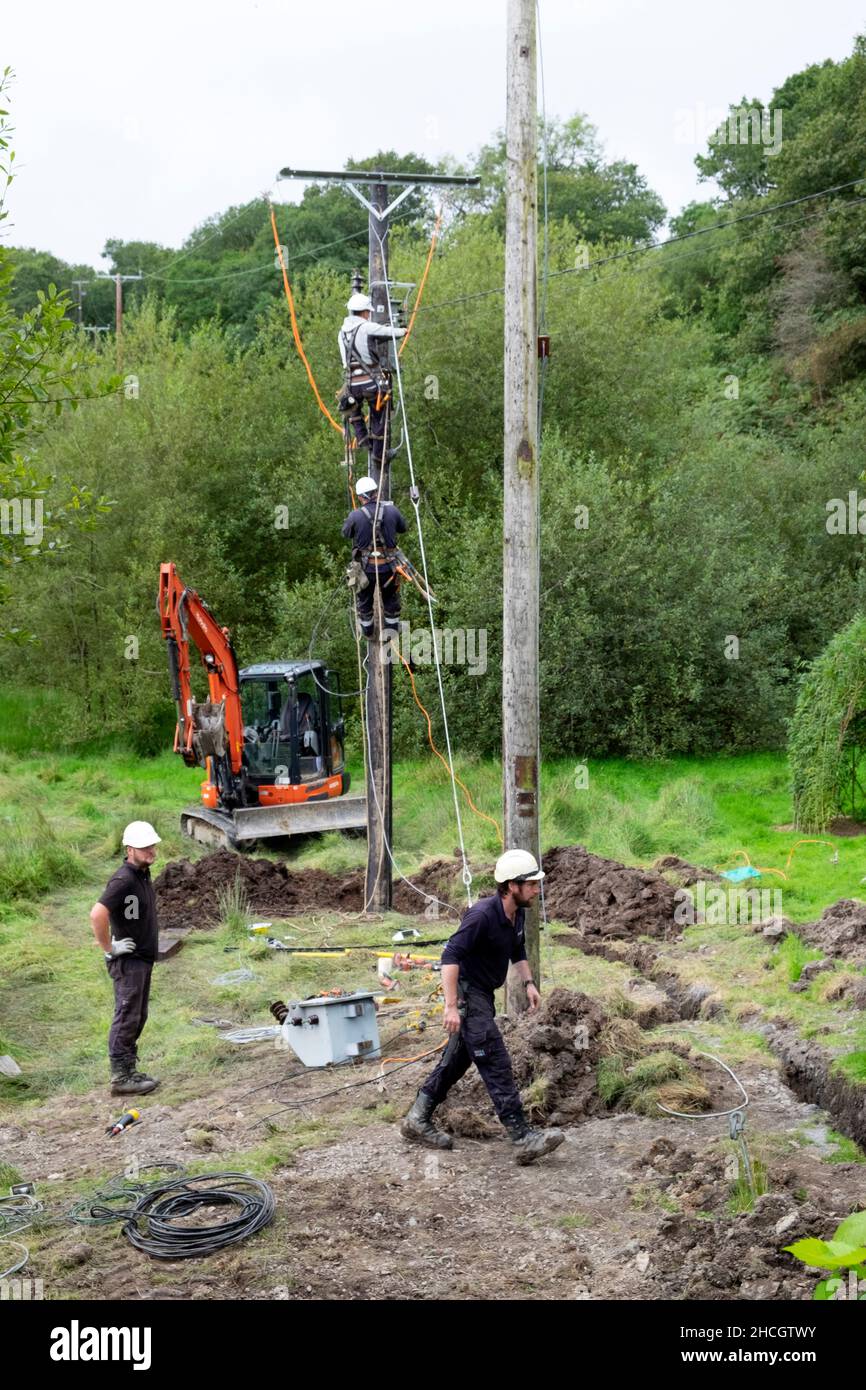 Electricity line engineers working with digger climbing on putting up ...