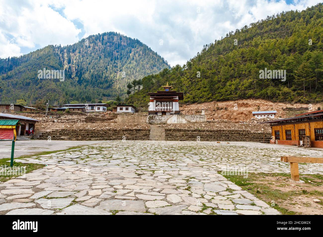View at a Buddhist monastery surrounded by green mountains in Haa ...