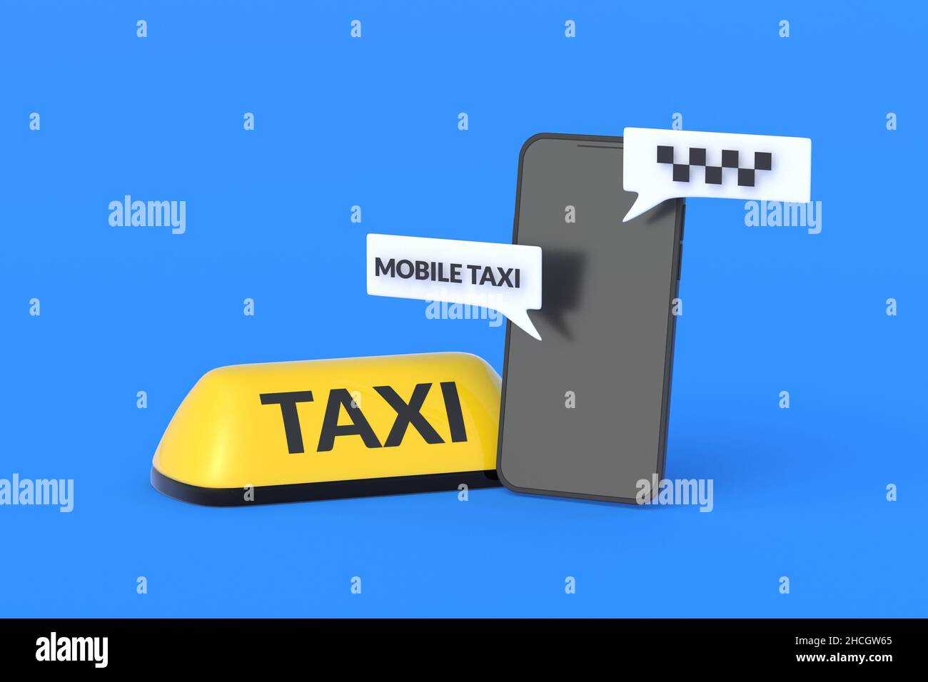 Yellow taxi sign near mobile phone with messages. Car call. Transport ...