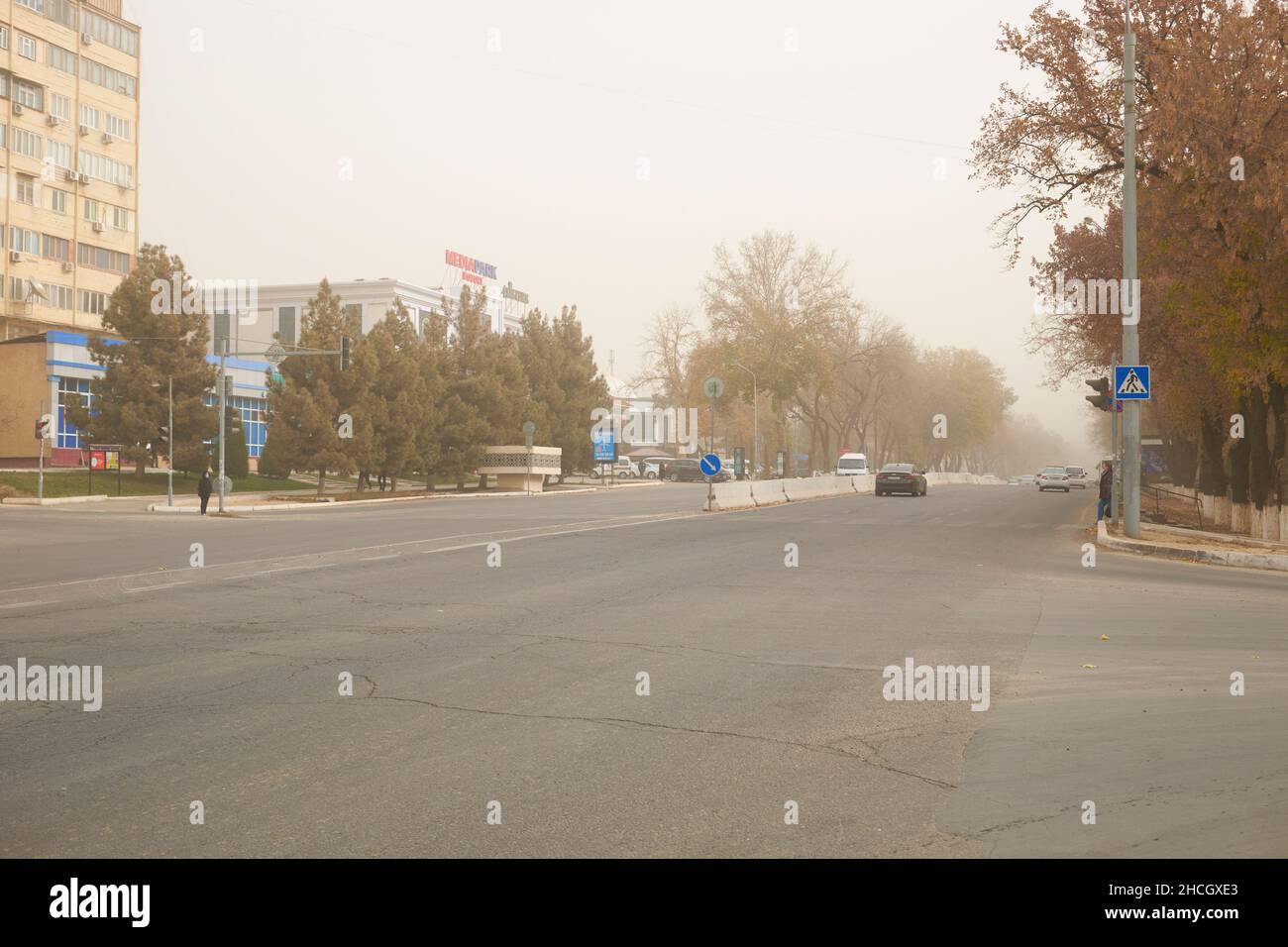 Poor visibility and haze at a road intersection during a historic dust ...