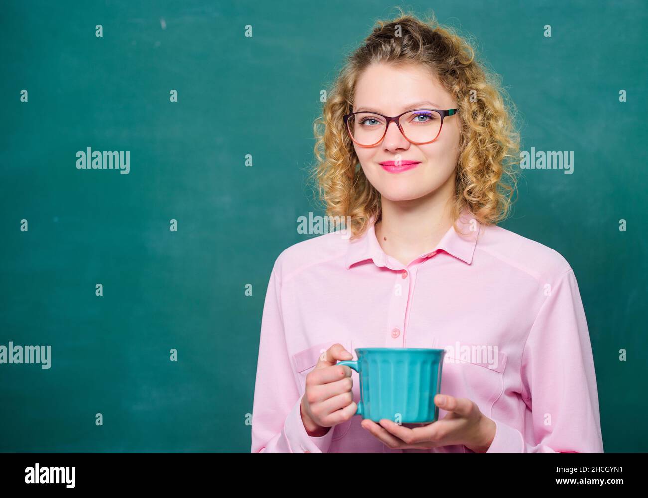 school teacher need coffee break. good morning. girl refreshing with ...