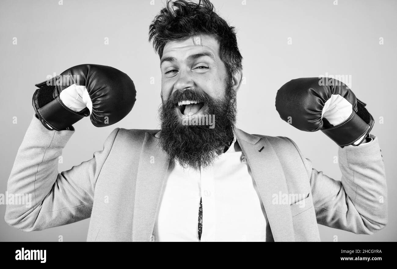 I am the champion. Bearded man in boxing stance. Fighting for success ...