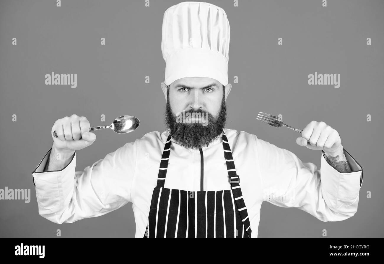 Lets try dish. Hungry chef ready to try food. Time to try taste. Chef ...