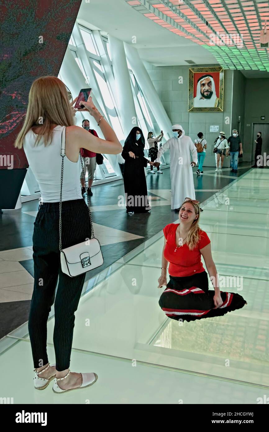 Dubai landmark The Frame, tourists inside looking through the ...