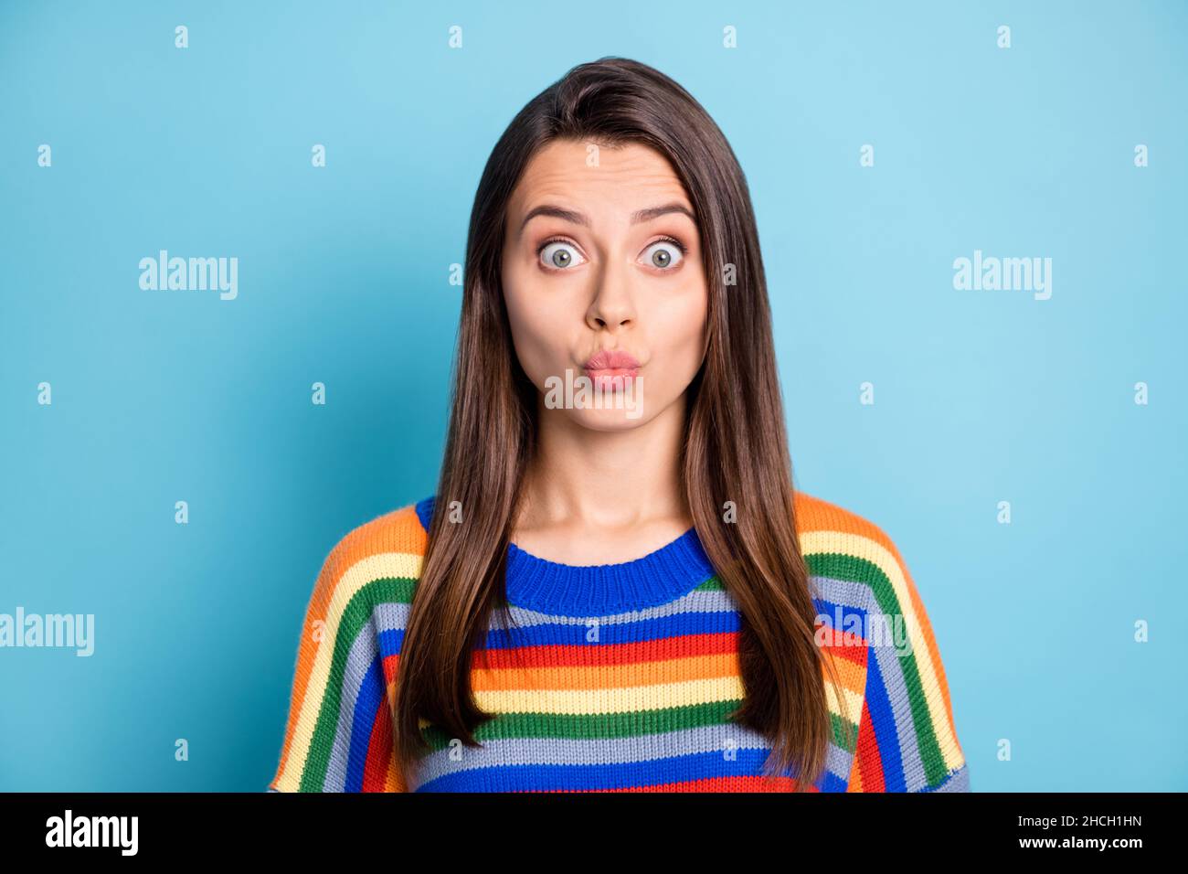 Photo portrait of cute lovely girl sending air kiss pouted lips staring ...