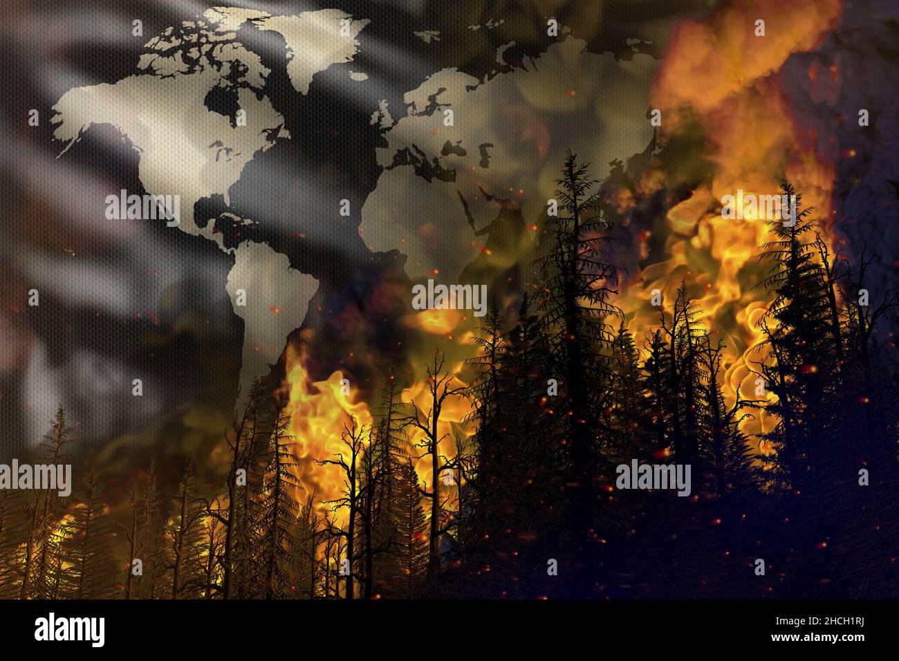 Forest fire natural disaster concept - flaming fire in the woods on ...
