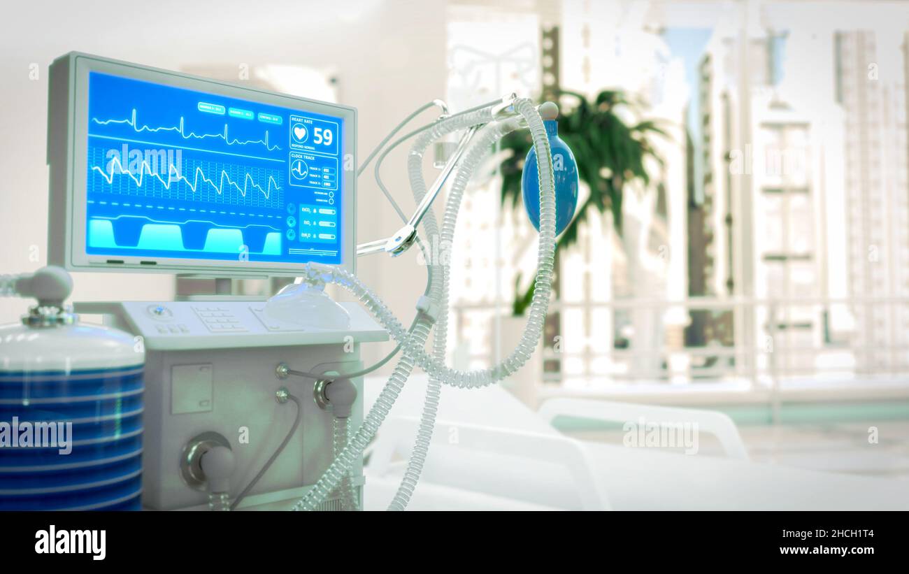 lung ventilator in bright sunny clinic room , digital industrial 3D ...