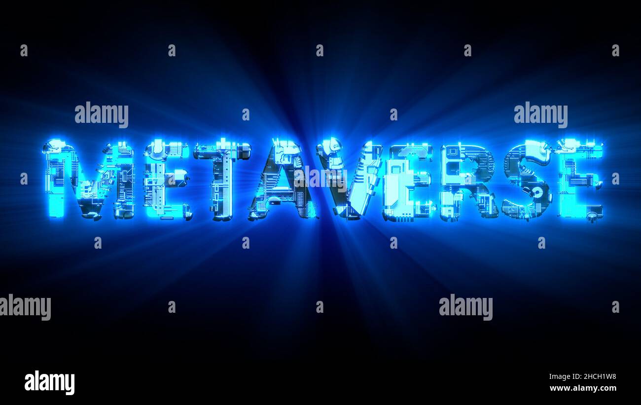 Metaverse lighting blue digital cyber text, isolated - industrial 3D ...