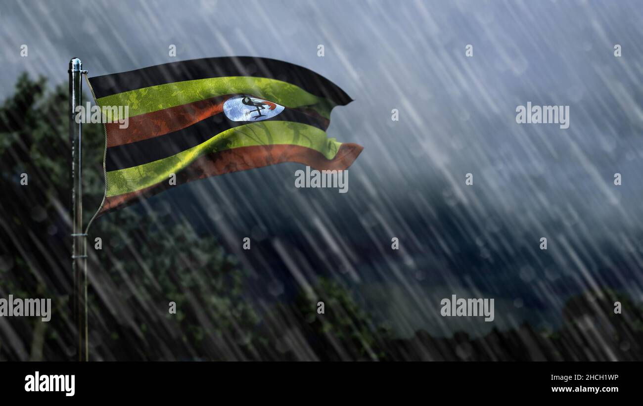 flag of Uganda with rain and dark clouds, windstorm forecast symbol ...