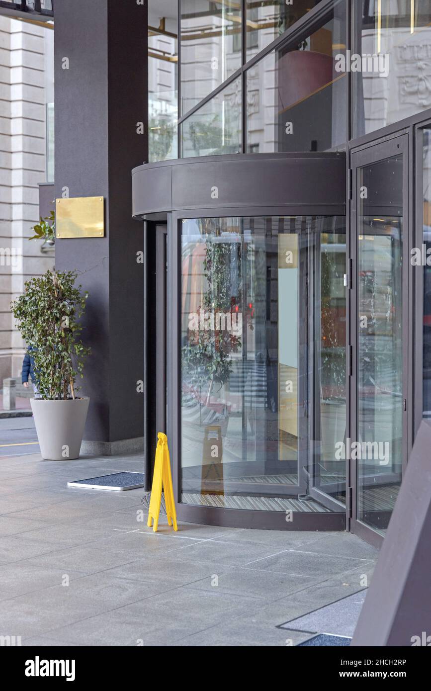 Automated Revolving Doors at Modern Building Entrance Side View Stock ...