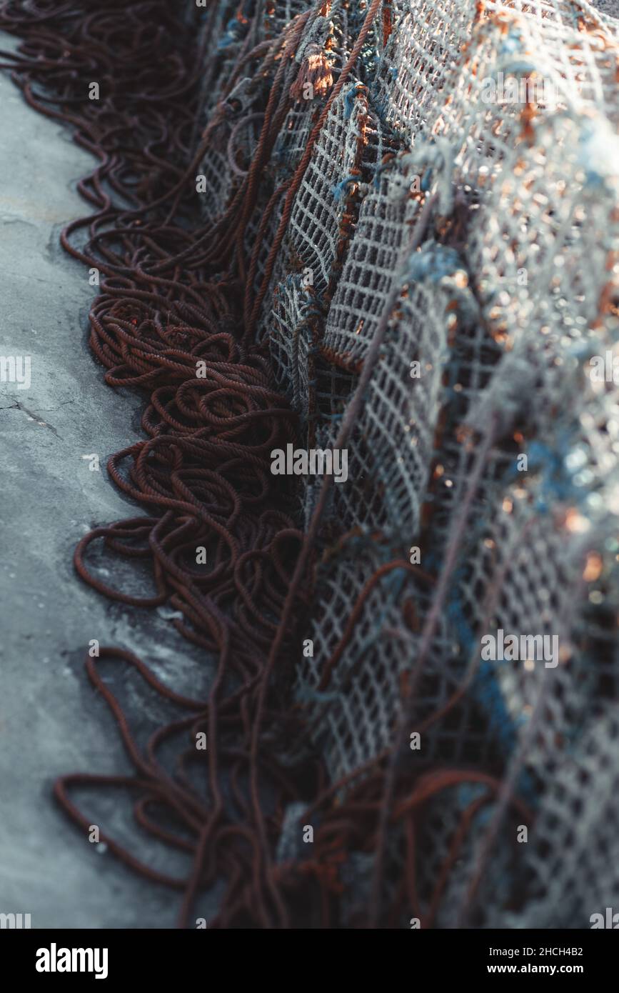 Vertical view of various metal fishing traps and scattered ropes. Close ...