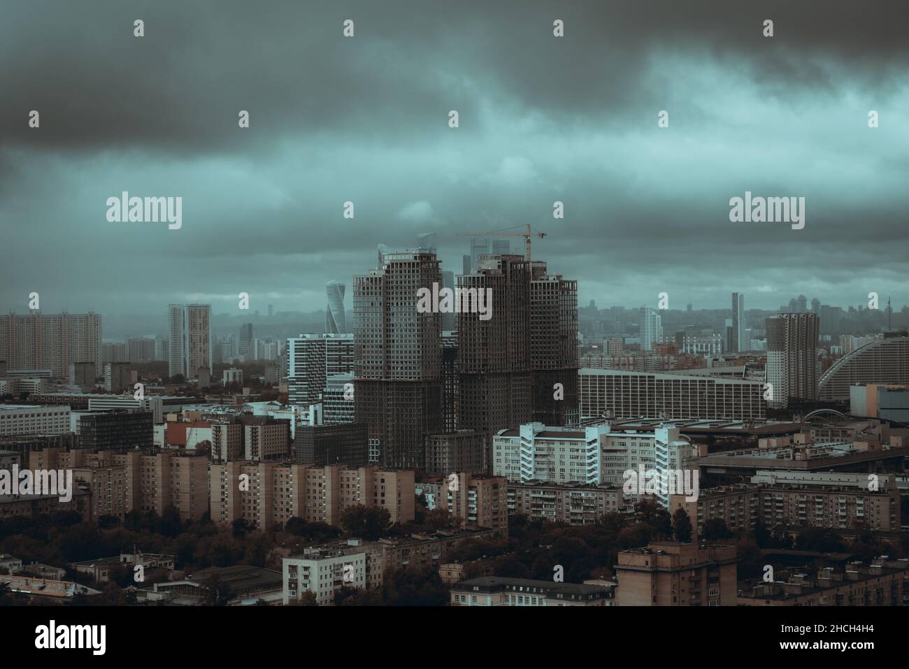 Drone view of an urban residential area on a stormy day. The aerial ...
