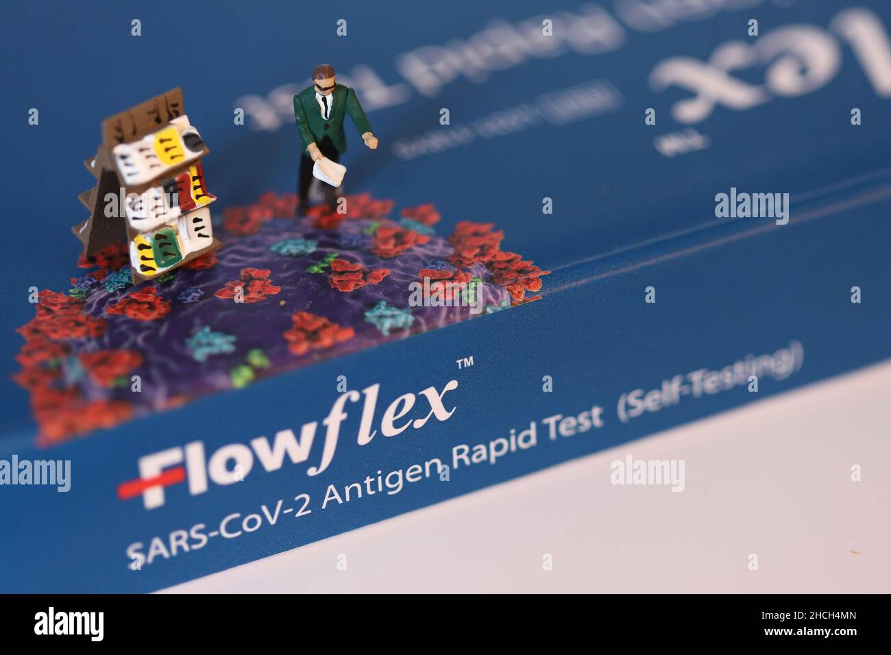 UK, 29 December 2021: Flowflex box of LFT (lateral flow tests) with a ...
