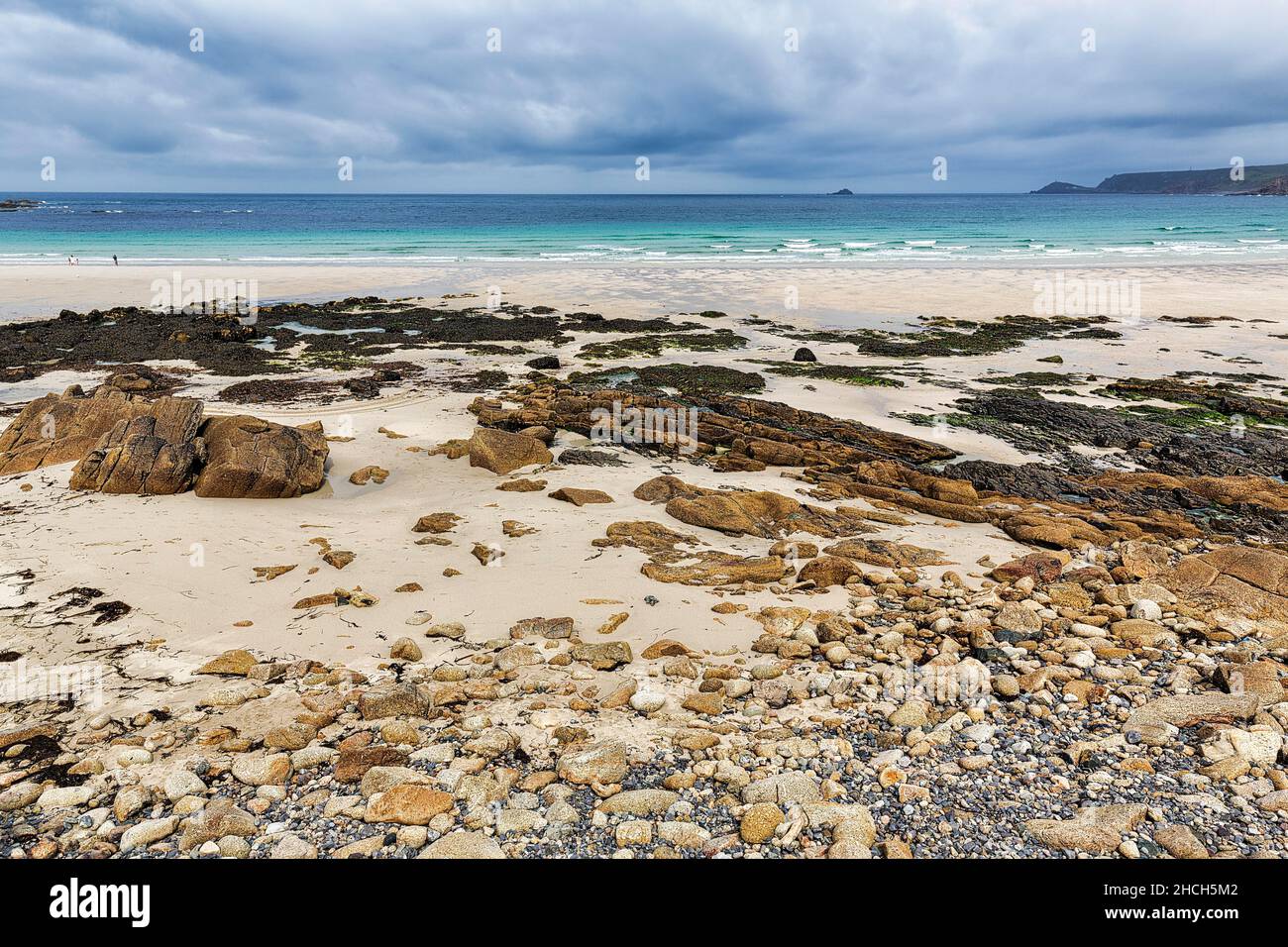Coast with rocks and sandy beach, Sennen Cove, Cornwall, England ...