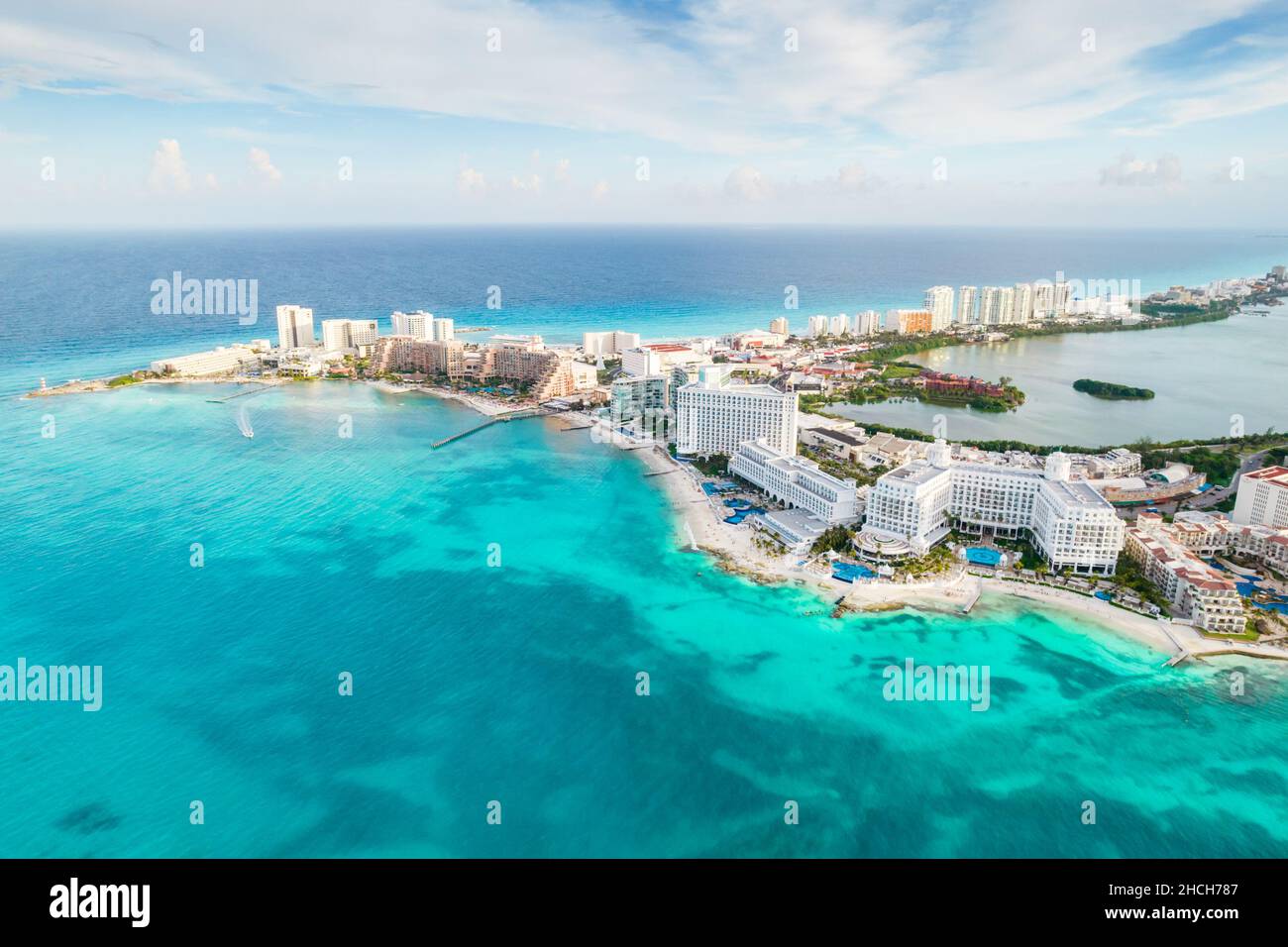 Aerial panoramic view of Cancun beach and city hotel zone in Mexico ...