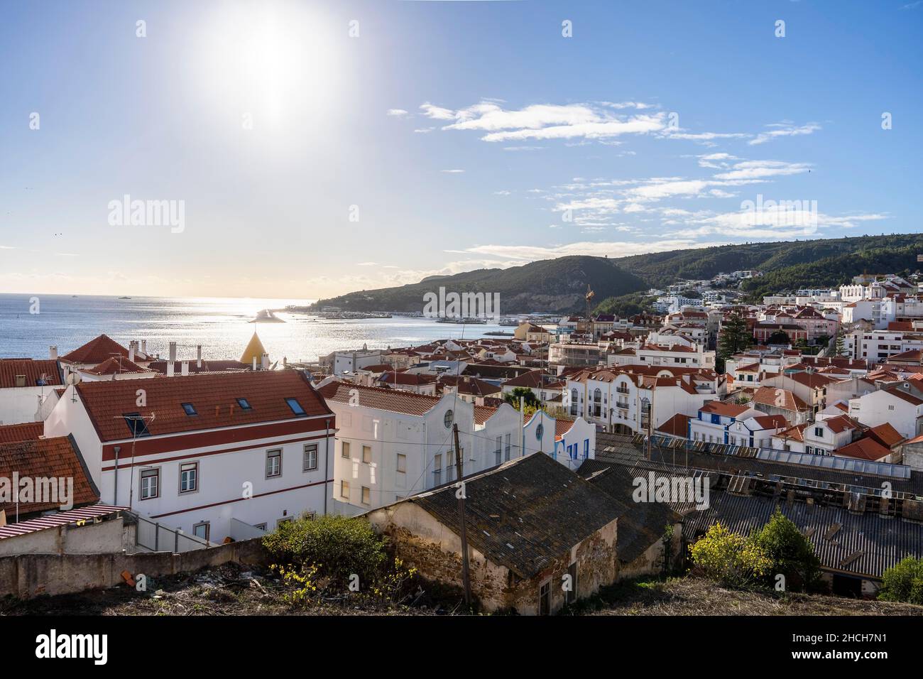 Sesimbra cityscape with historic old town and Atlantic ocean, Setubal ...