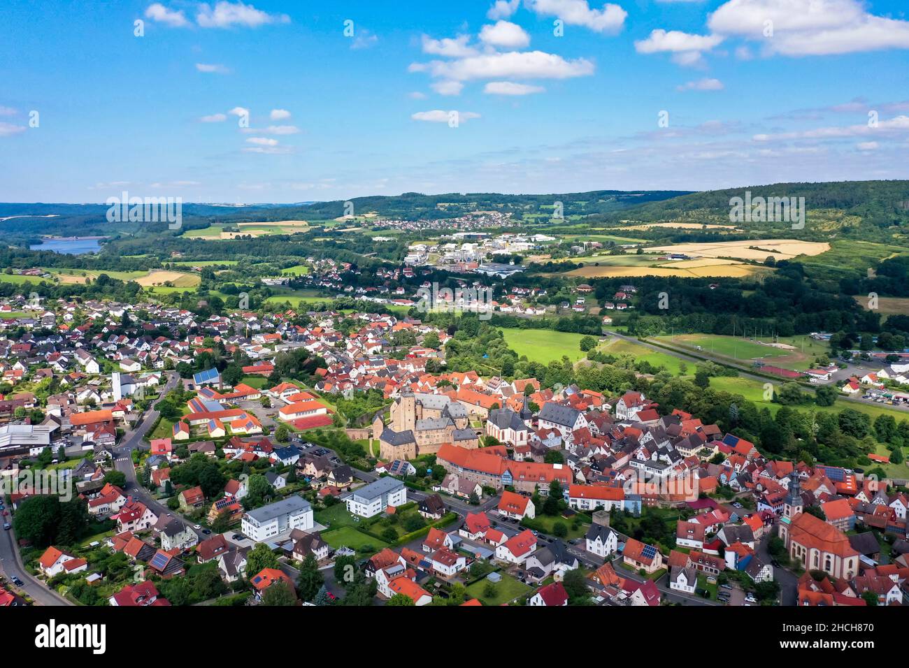 Aerial view, Steinau an der Strasse and Steinau Castle, Hesse, Germany ...