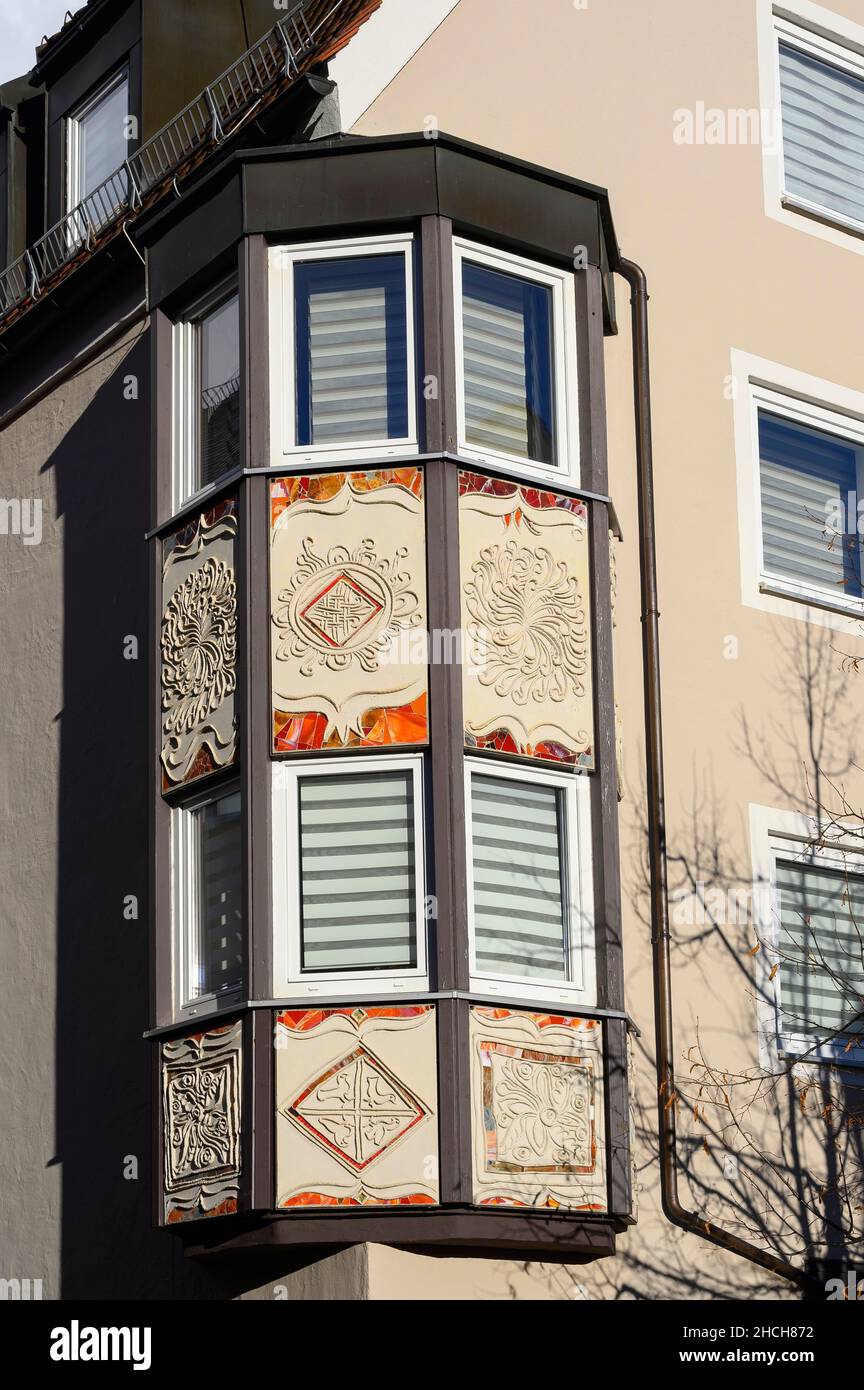 Bay window with relief decorations, Kempten, Allgaeu, Bavaria, Germany ...