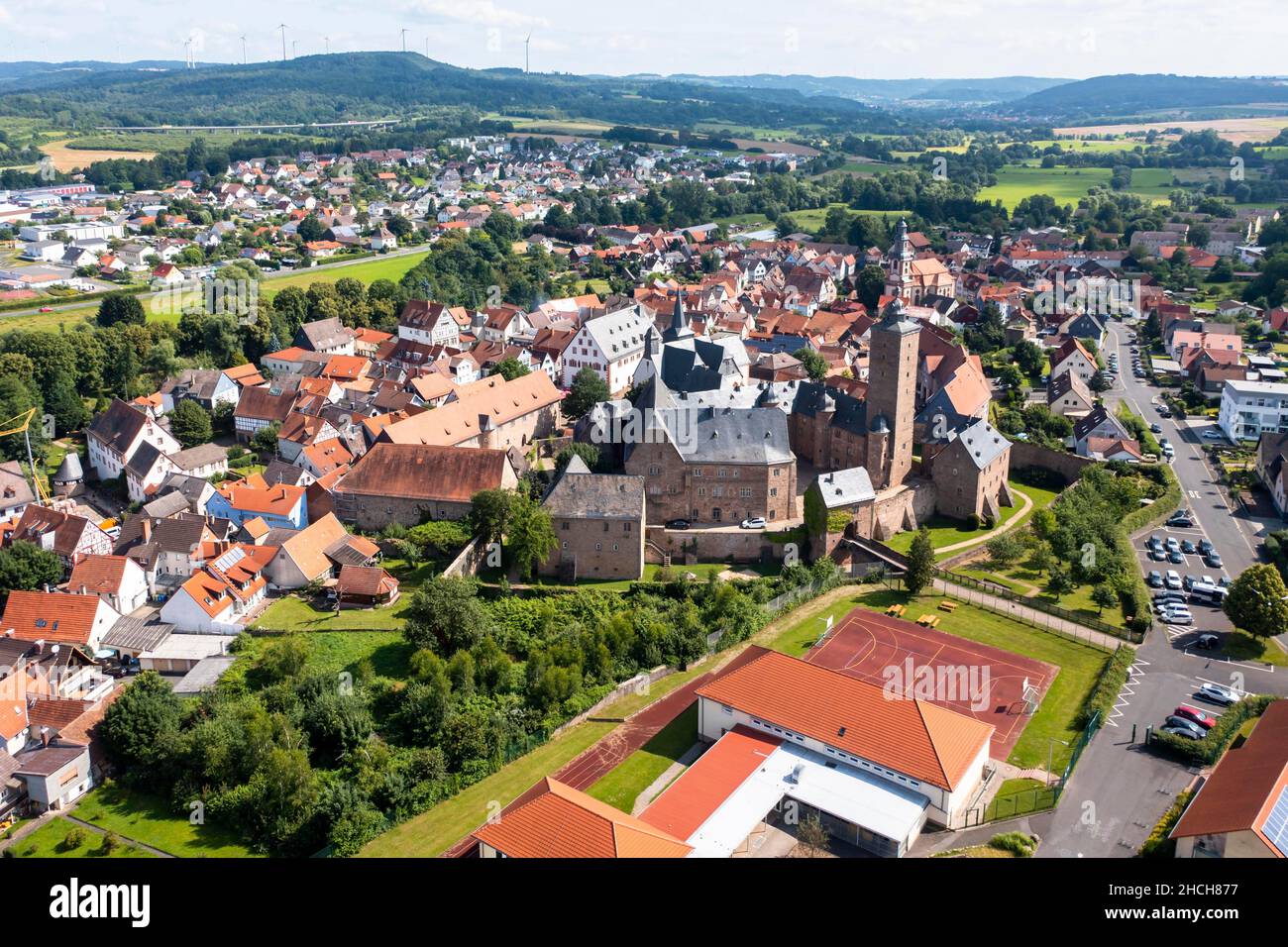 Aerial view, Steinau an der Strasse and Steinau Castle, Hesse, Germany ...