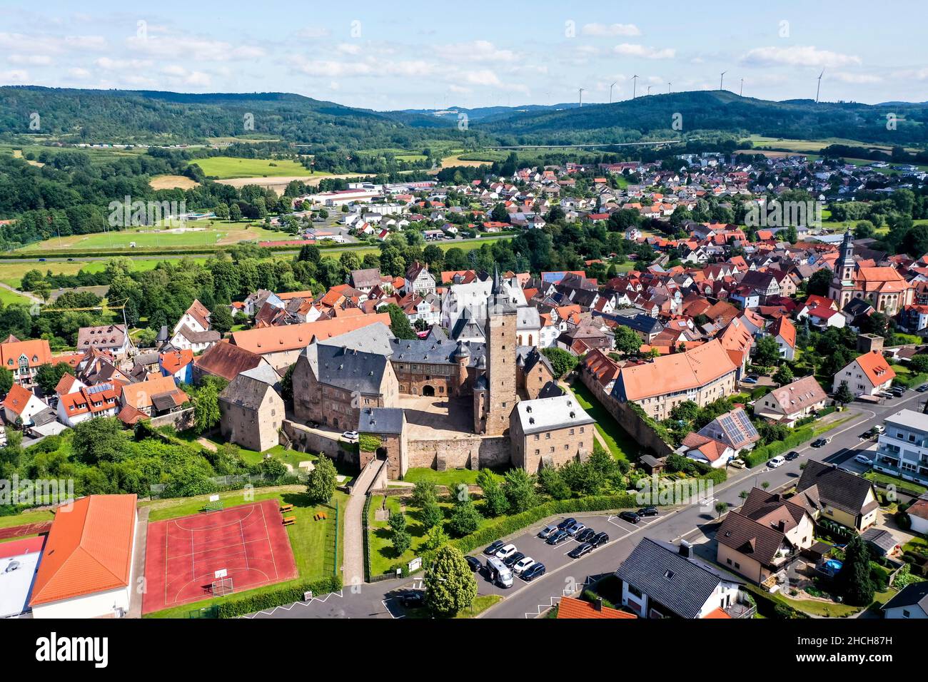 Aerial view, Steinau an der Strasse and Steinau Castle, Hesse, Germany ...