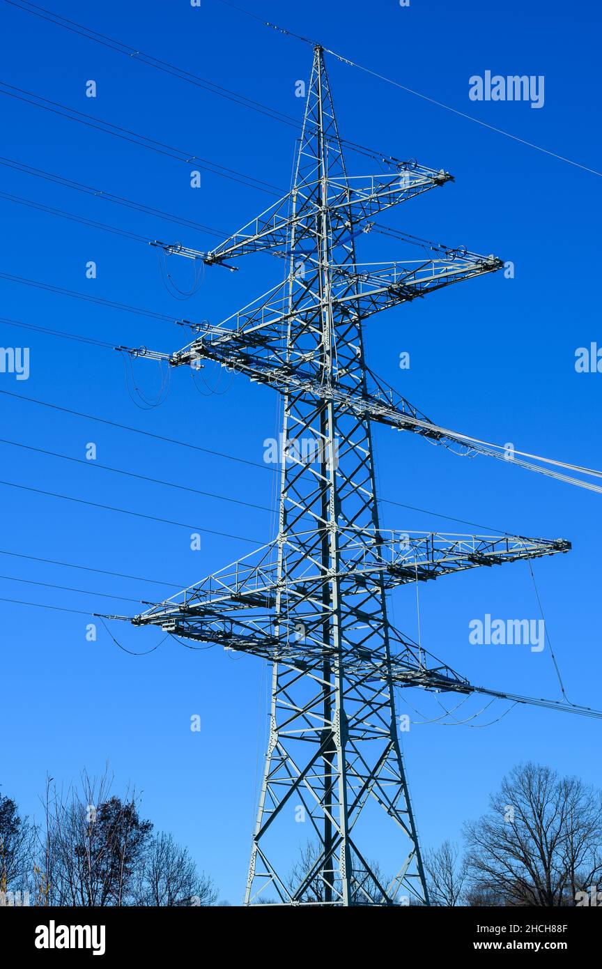 High-voltage pylon at the transformer station near Kempten, Allgaeu ...