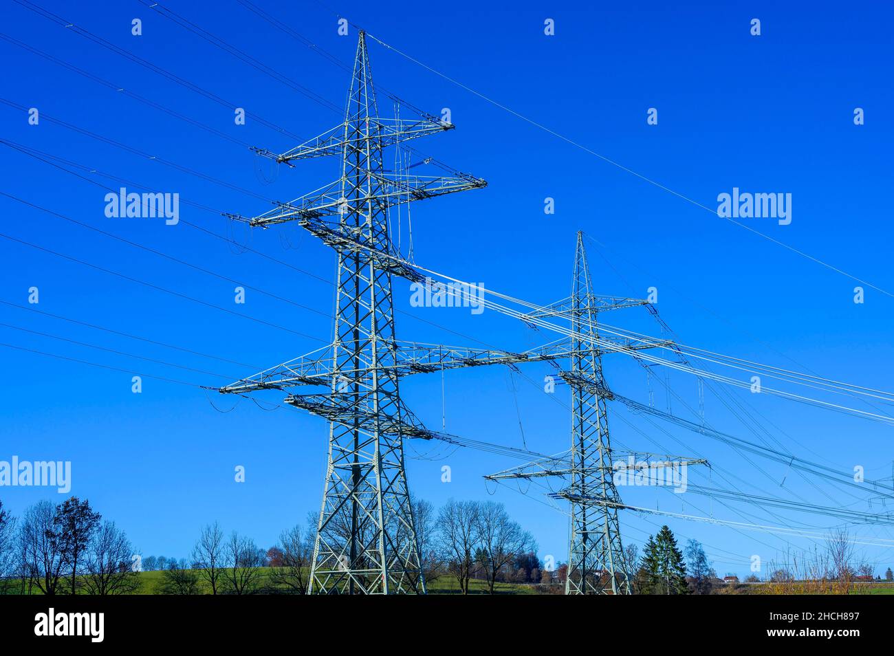 High-voltage pylons at the transformer station near Kempten, Allgaeu ...