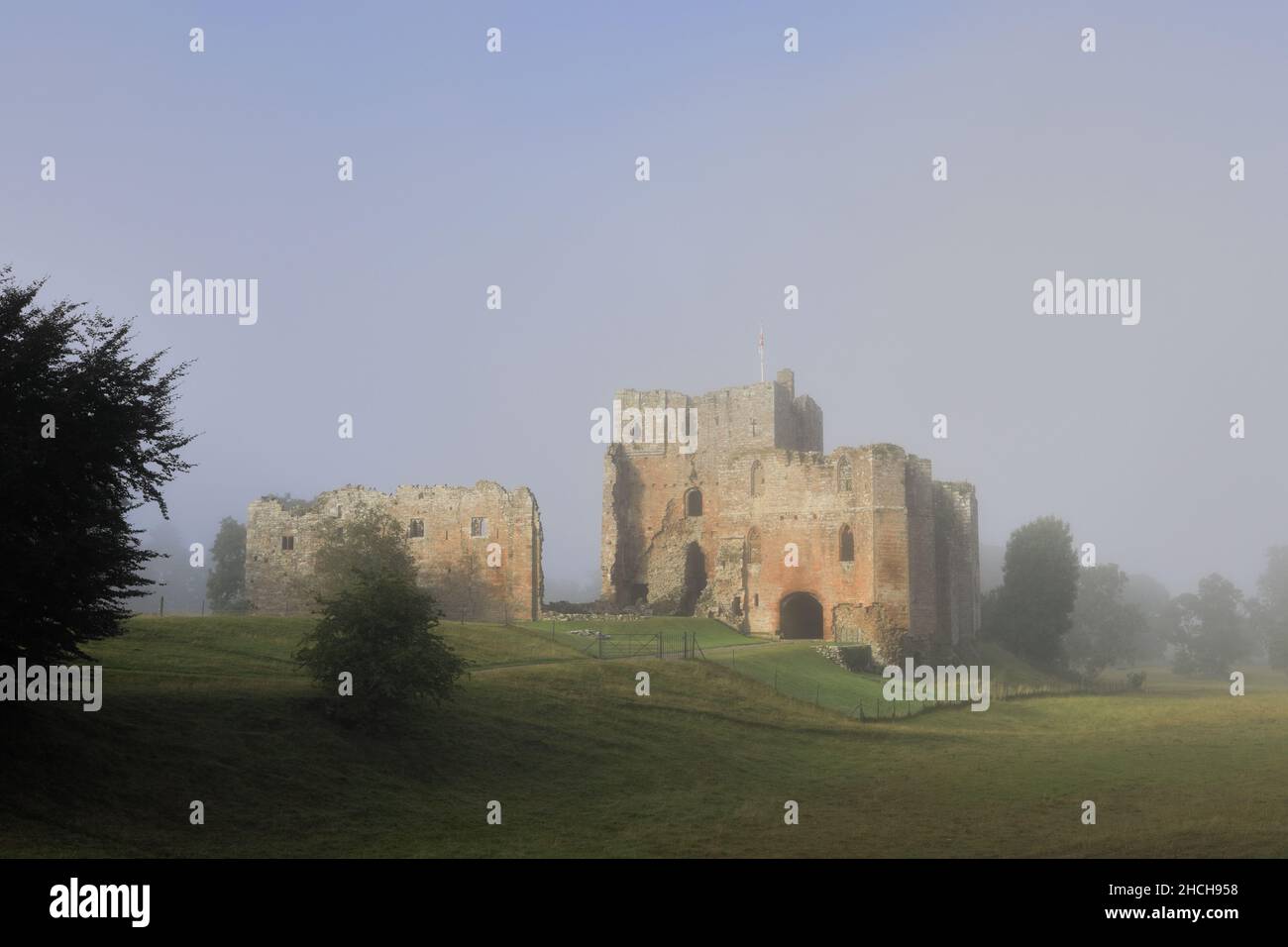 Misty view of the Ruins of Brougham Castle, river Eamont, near Penrith ...
