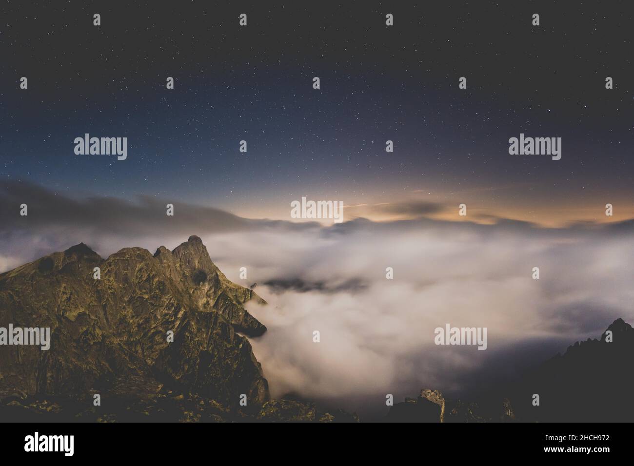 Mountains, clouds, stras sky, night, Rysy summit, Tatra mountains ...