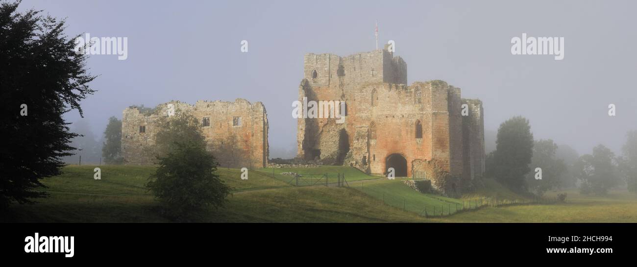 Misty view of the Ruins of Brougham Castle, river Eamont, near Penrith ...
