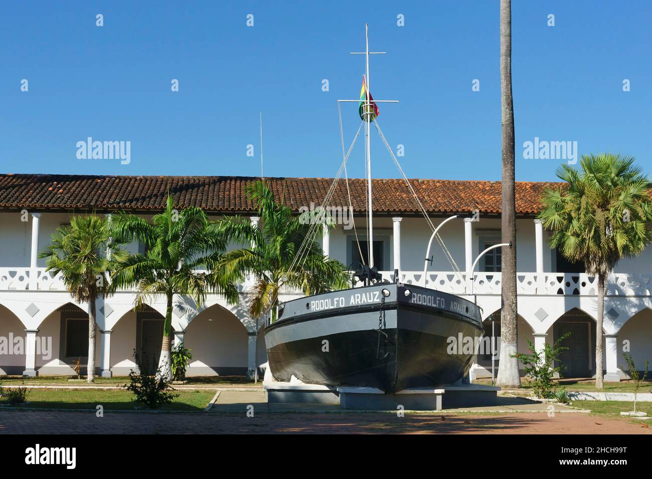 Boat in front of the Bolivian Navy barracks, Trinidad, Beni Department ...