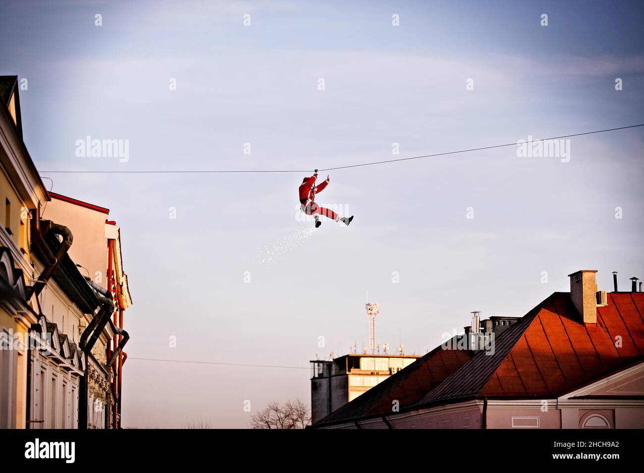 Santa Claus pver Houses, zip line, Rzeszow, podkarpackie, Poland Stock ...