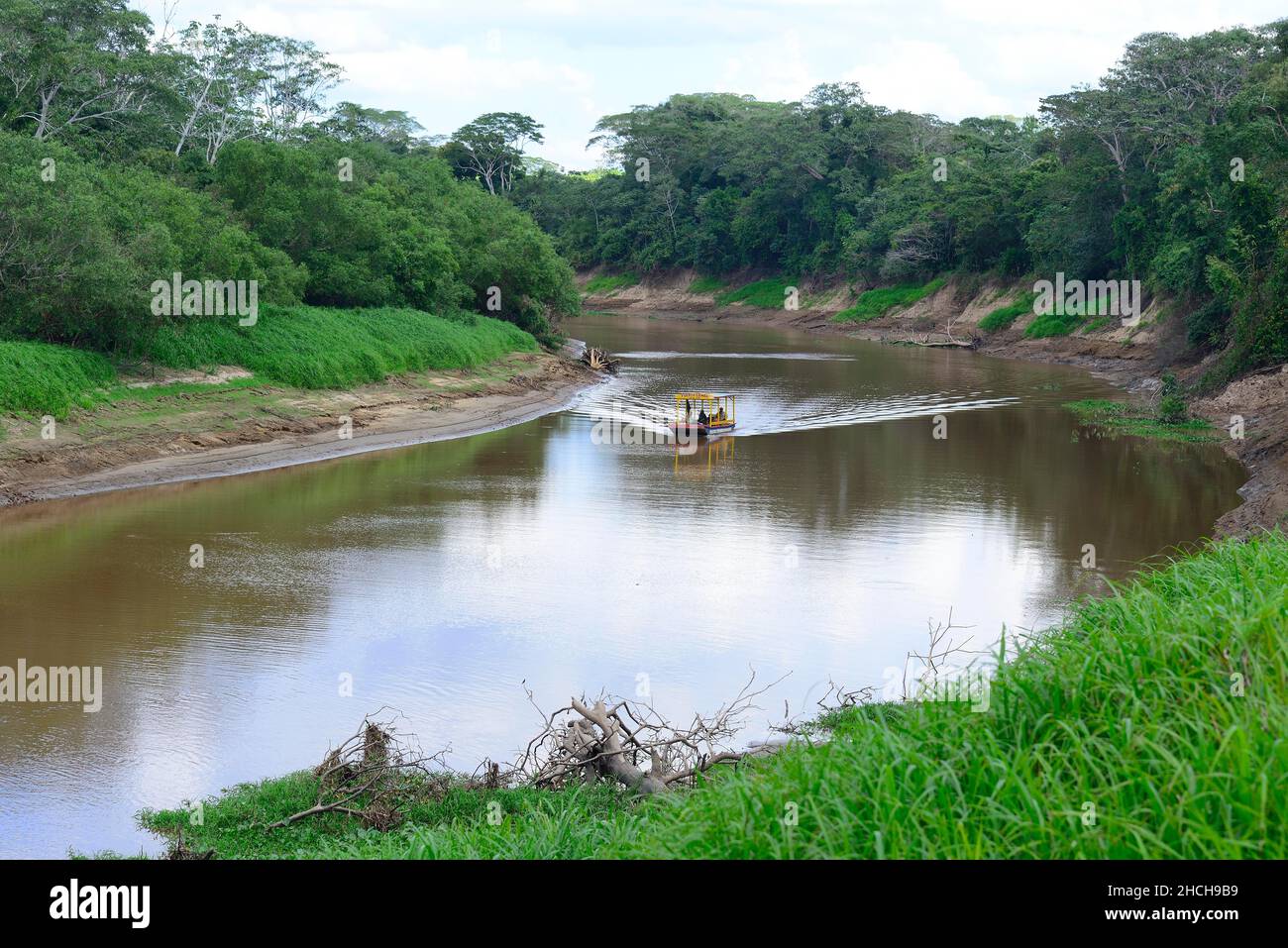 Longboat on the river, Rio Mamore, near Trinidad, Department of Beni ...