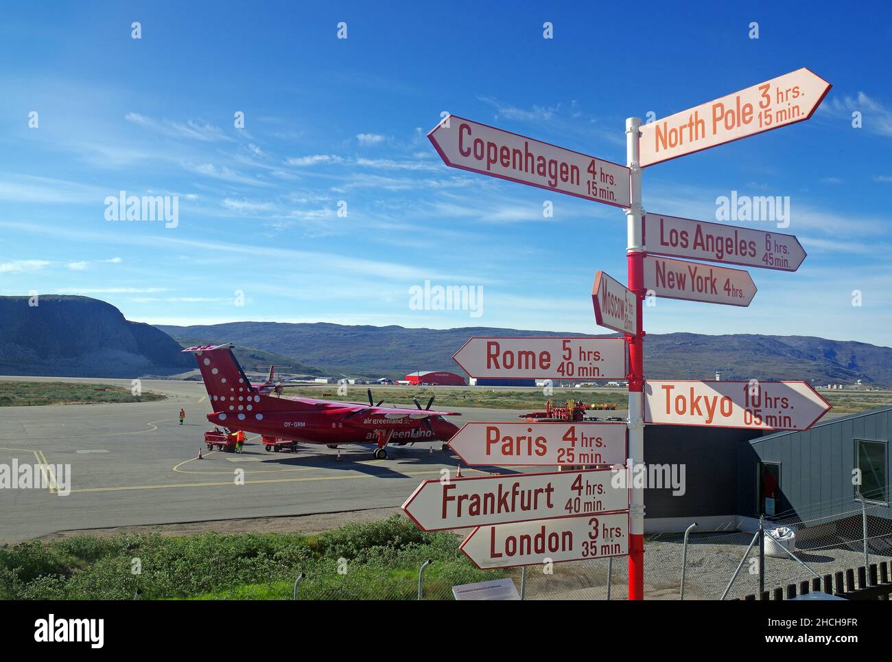Signposts at Kangerlussuaq Airport, Copenhagen, North Pole, Paris ...