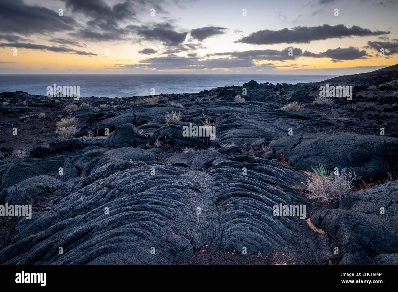 Typical volcanic landscape at La Restinga at sunset, Pahoehoe lava, El ...