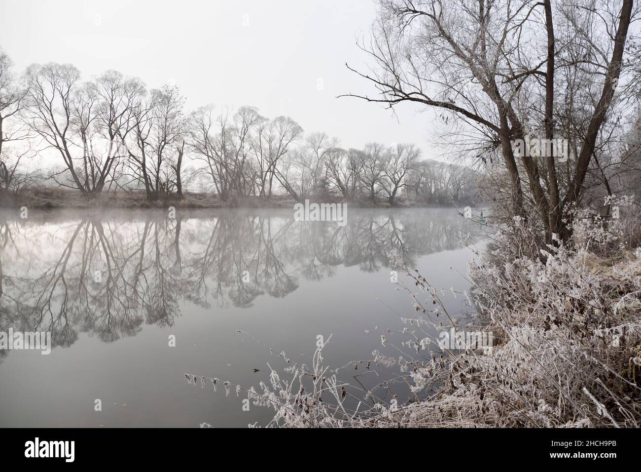 Winter landscape on the Fulda near Kassel, Hesse, Germany Stock Photo ...