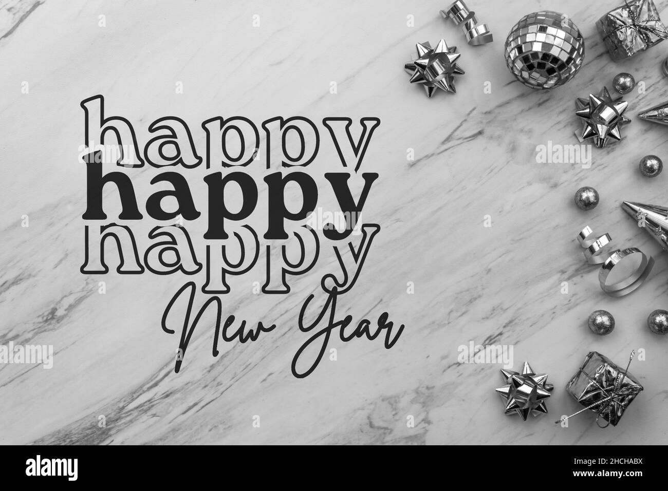 Happy New Year text script with festive silver decorations on white ...