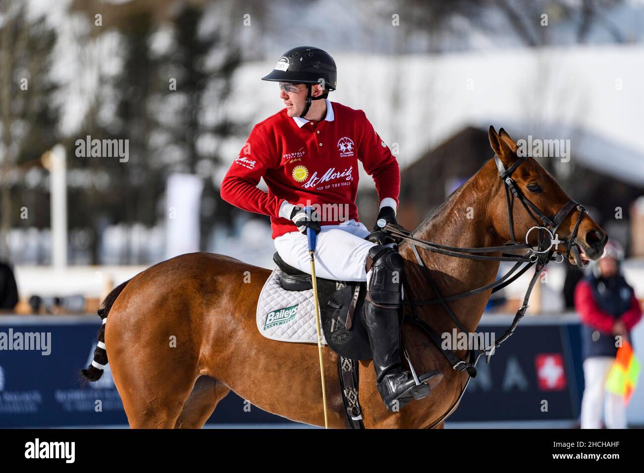 Max Charlton of Team St. Moritz sits on his horse waiting for the match ...