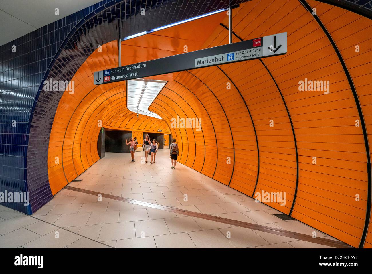 Orange tiled tunnel at Marienplatz station, Munich, Bavaria, Germany ...