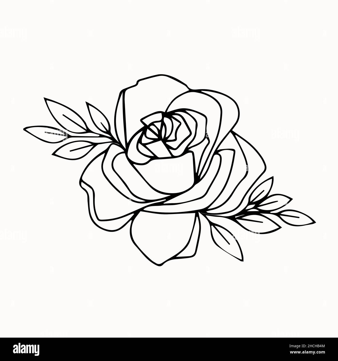 Line art of decorative hand drawn rose with leaves Stock Vector Image ...