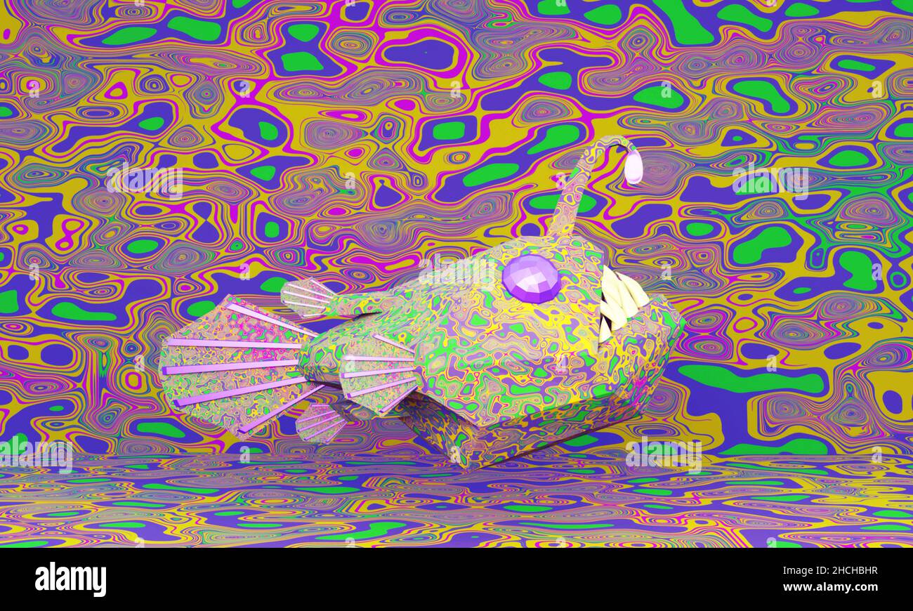 A bright multicolored angry deep-sea angler fish with sharp teeth. 3d ...