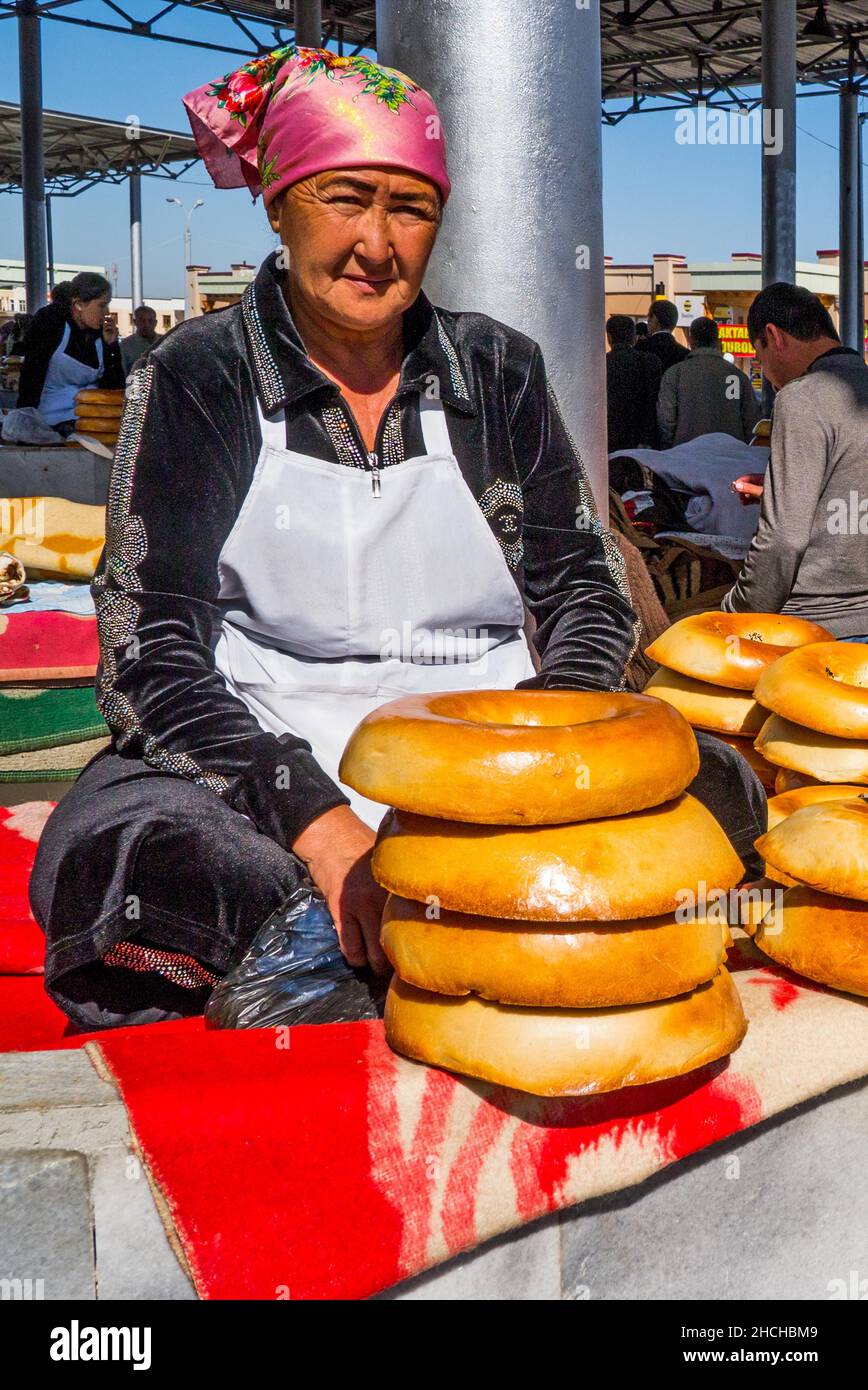 Typical decorated Uzbek bread, Siab bazaar, typical oriental, Samarkand ...