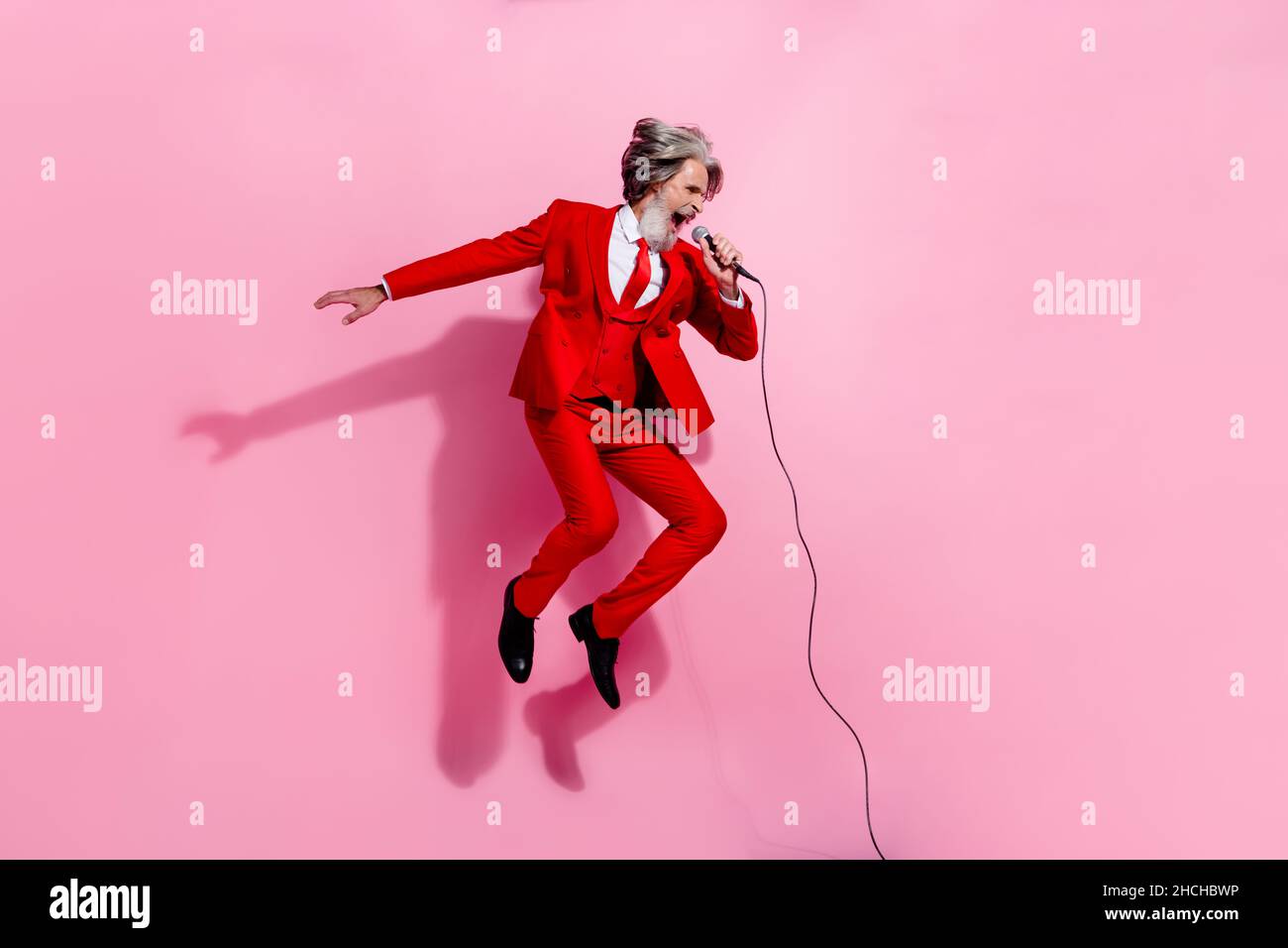 Full length body size view of attractive crazy grey-haired man singing ...