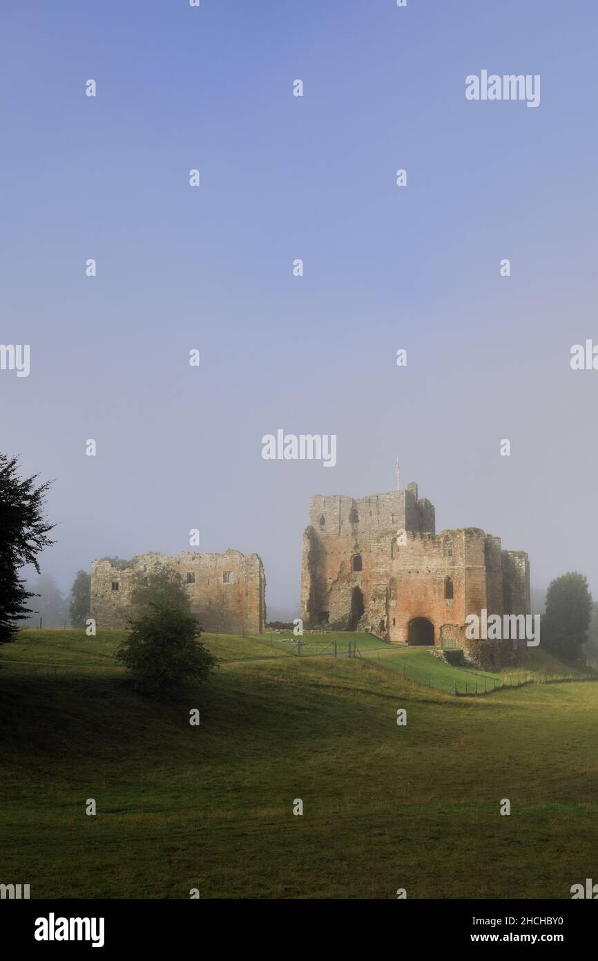 Misty view of the Ruins of Brougham Castle, river Eamont, near Penrith ...