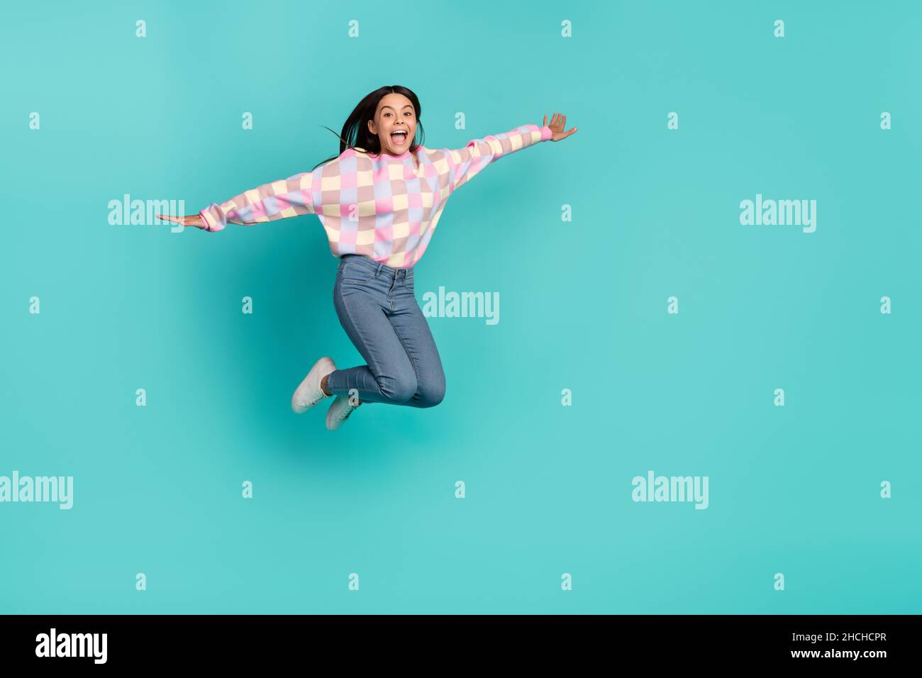 Full length body size view of attractive cheery girl jumping flying ...