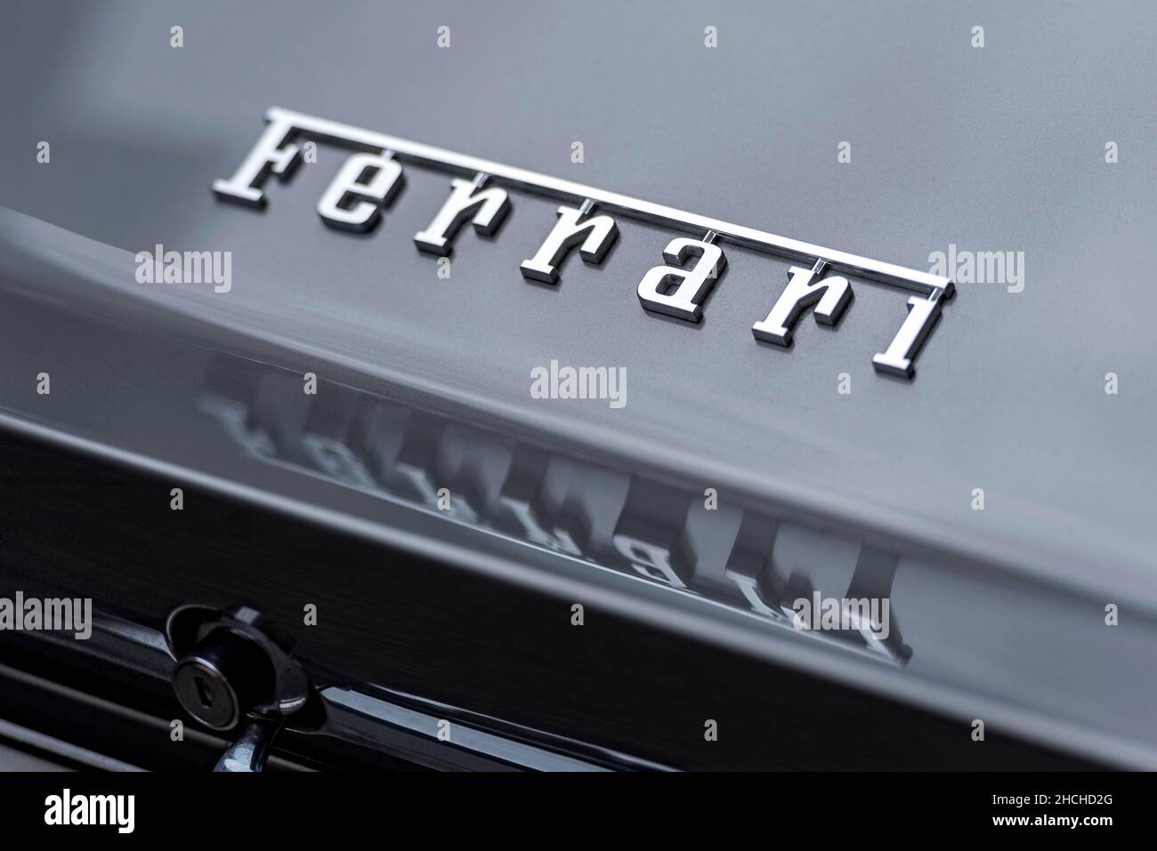 Ferrari brand lettering on a vintage sports car Ferrari 275 GTB4, year ...