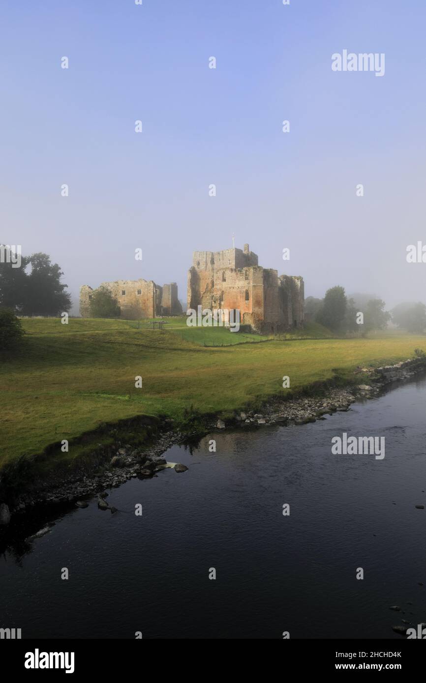 Misty view of the Ruins of Brougham Castle, river Eamont, near Penrith ...