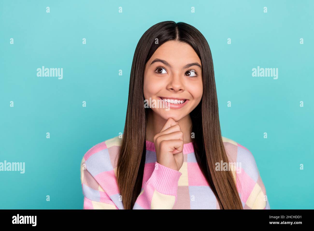 Photo of youth cheerful lady hand touch chin smart think look empty ...