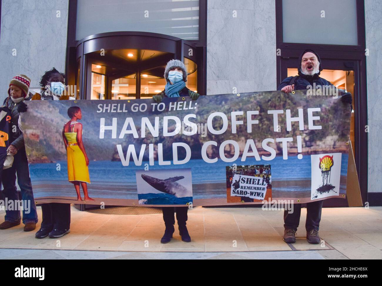 London, UK. 4th December 2021. Protesters gathered outside the Shell ...