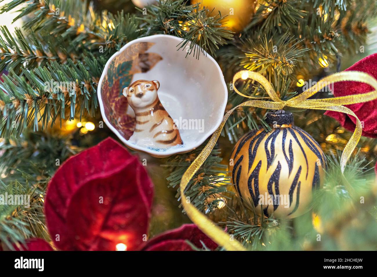Christmas background of a Christmas tree decorated with Christmas toys ...